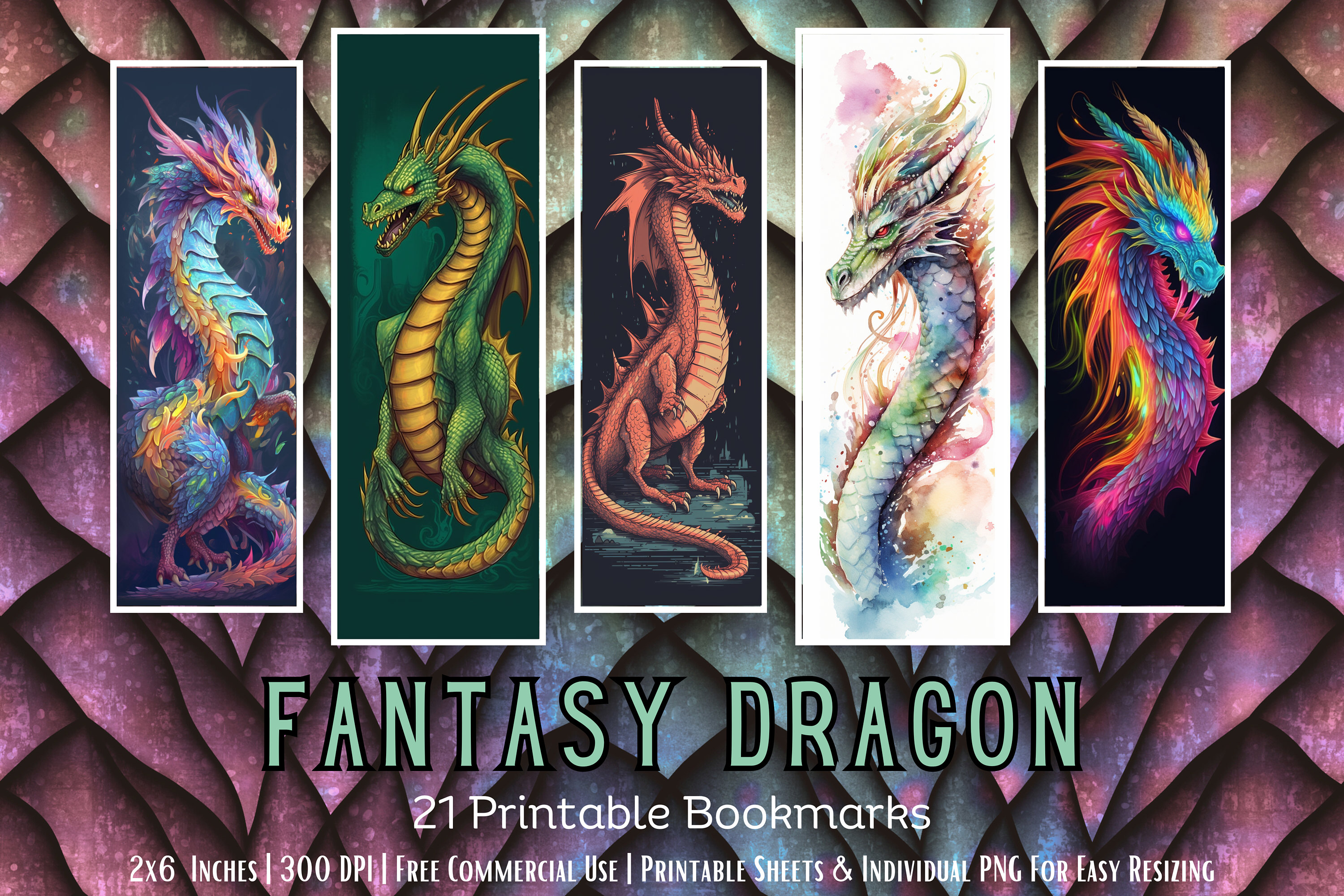 Fantasy Dragons Printable Bookmarks Bundle Digital Download PNG JPG ...