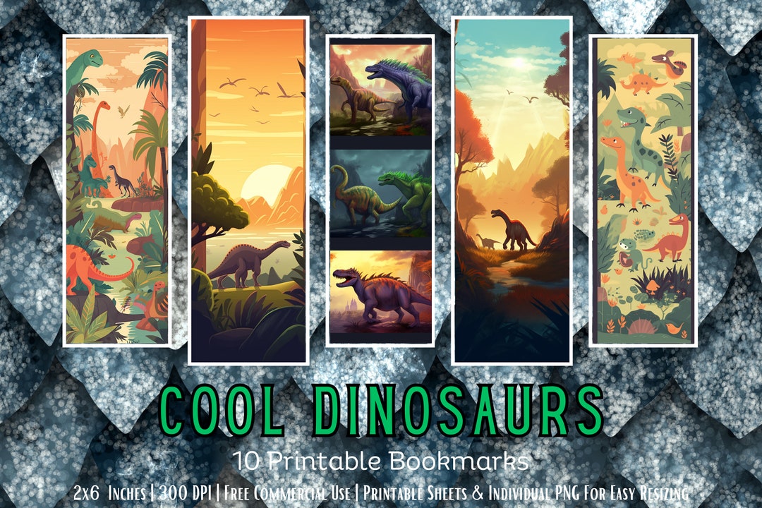 Dinosaur Printable Bookmarks Bundle, Set of 10 PNG/JPG, Sublimation ...