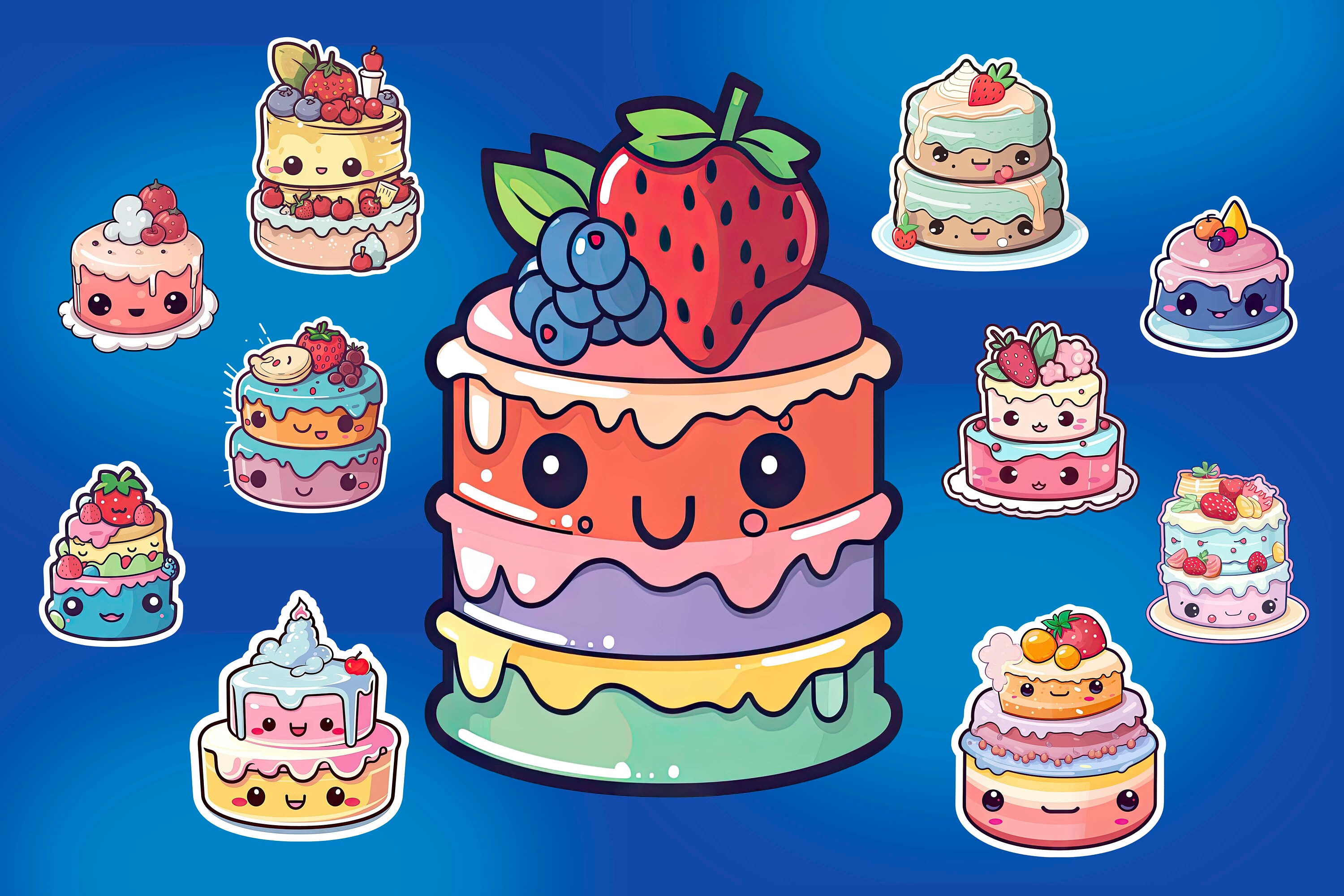 Digital Kawaii Cake Illustrations Pack, Happy Birthday Clipart Png ...