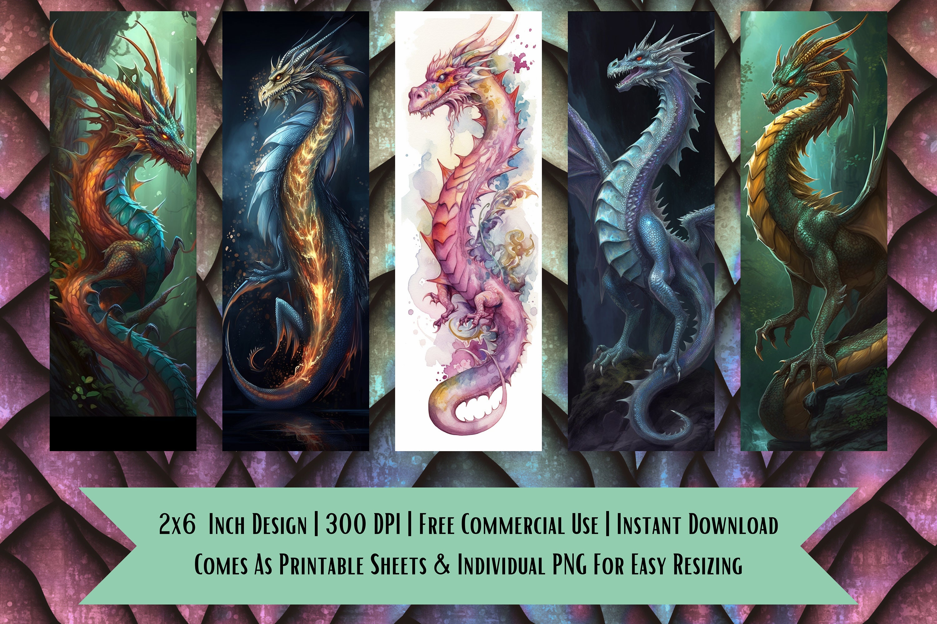 Fantasy Dragons Printable Bookmarks Bundle Digital Download PNG JPG ...