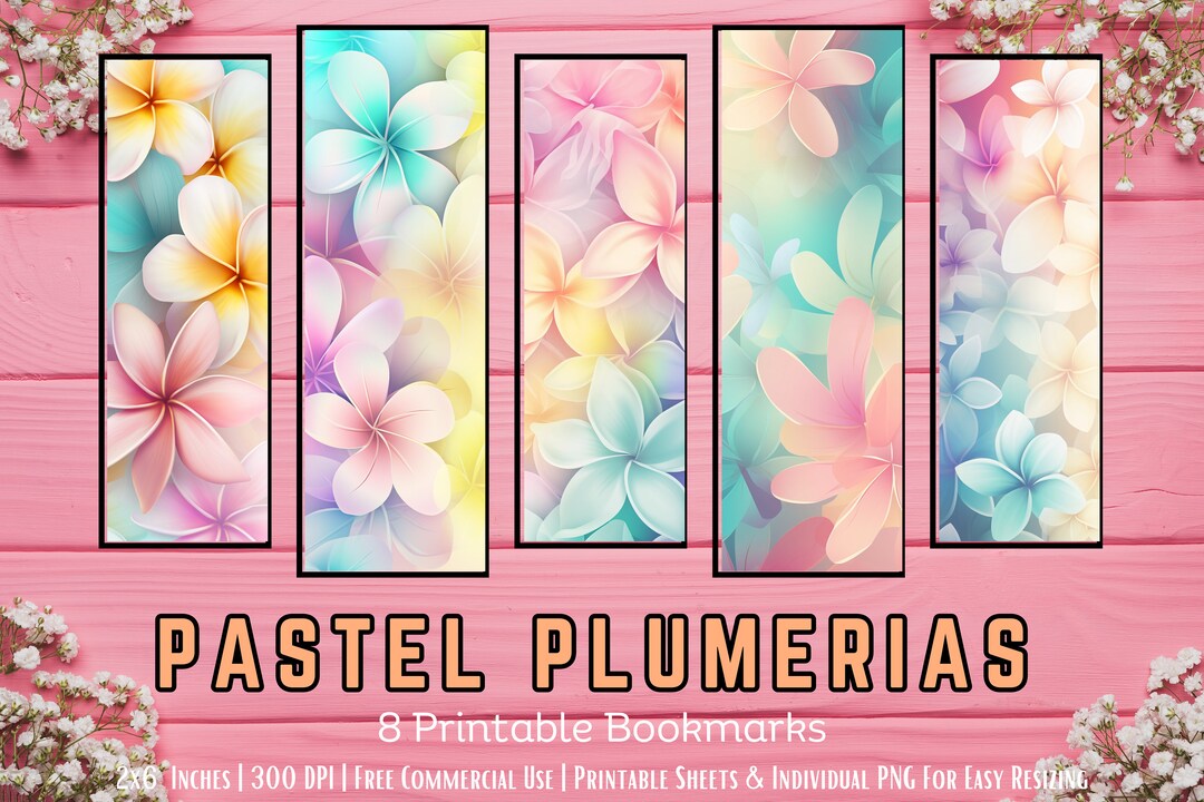 Pastel Plumeria Printable Bookmarks, Set 8 of PNG/JPG Bookmark Designs ...