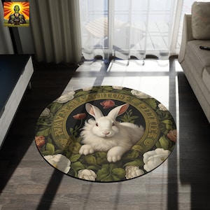 William Morris Rabbit Round Rug, White Rabbit Morris Rug, Morris Tulips ...