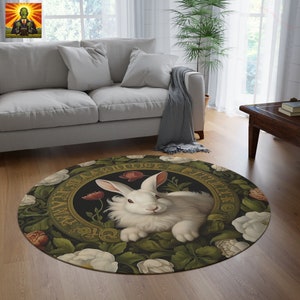 William Morris Rabbit Round Rug, White Rabbit Morris Rug, Morris Tulips ...