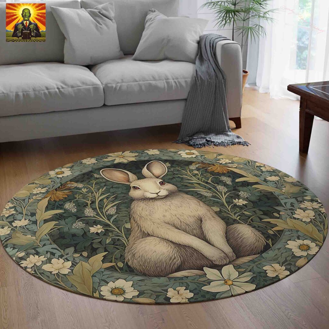 William Morris Rabbit Round Rug, White Rabbit Morris Rug, Morris Area ...