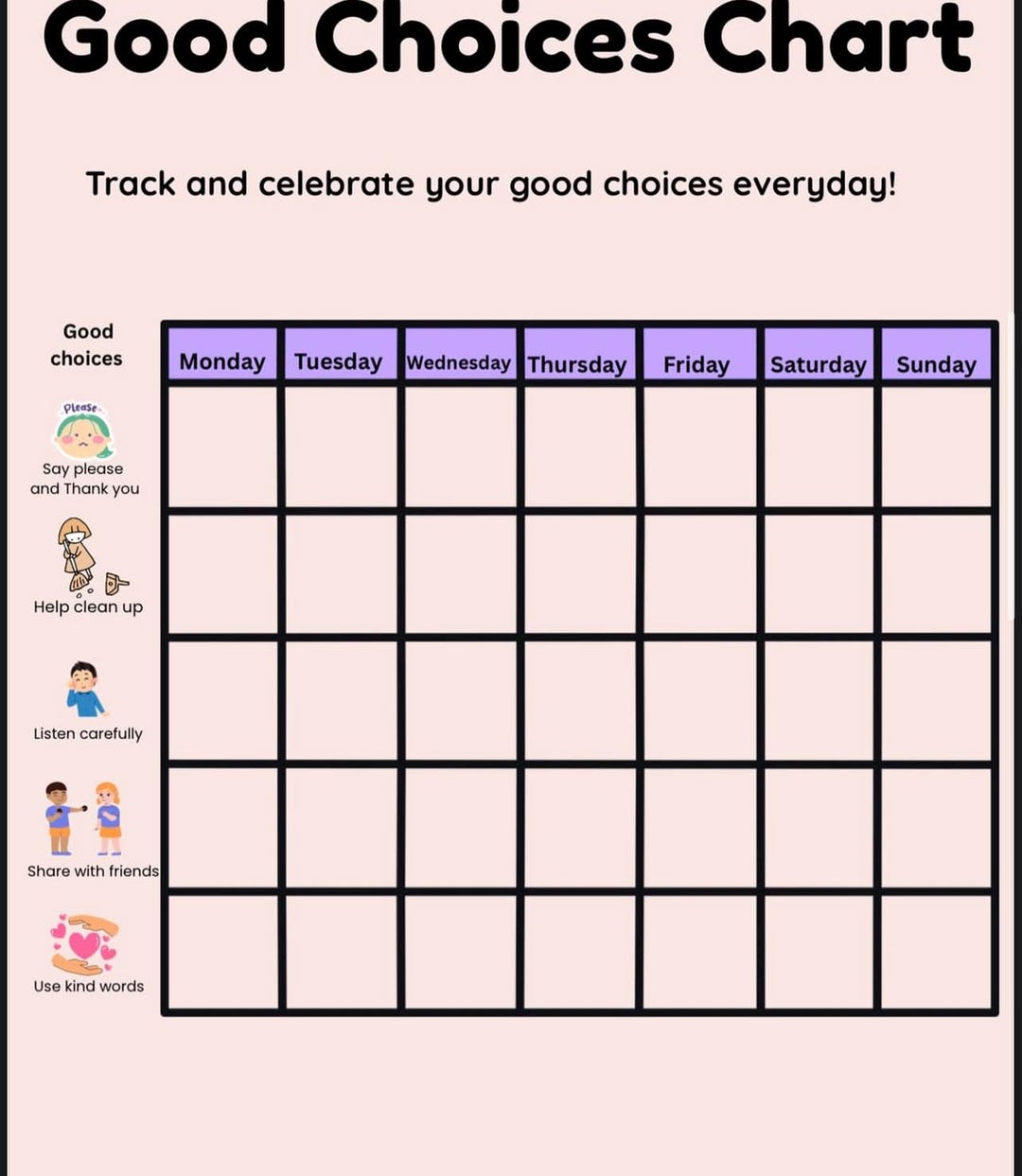 Good Choices Chart Printable- Toddler Behaviour Reward Chart - Gentle ...