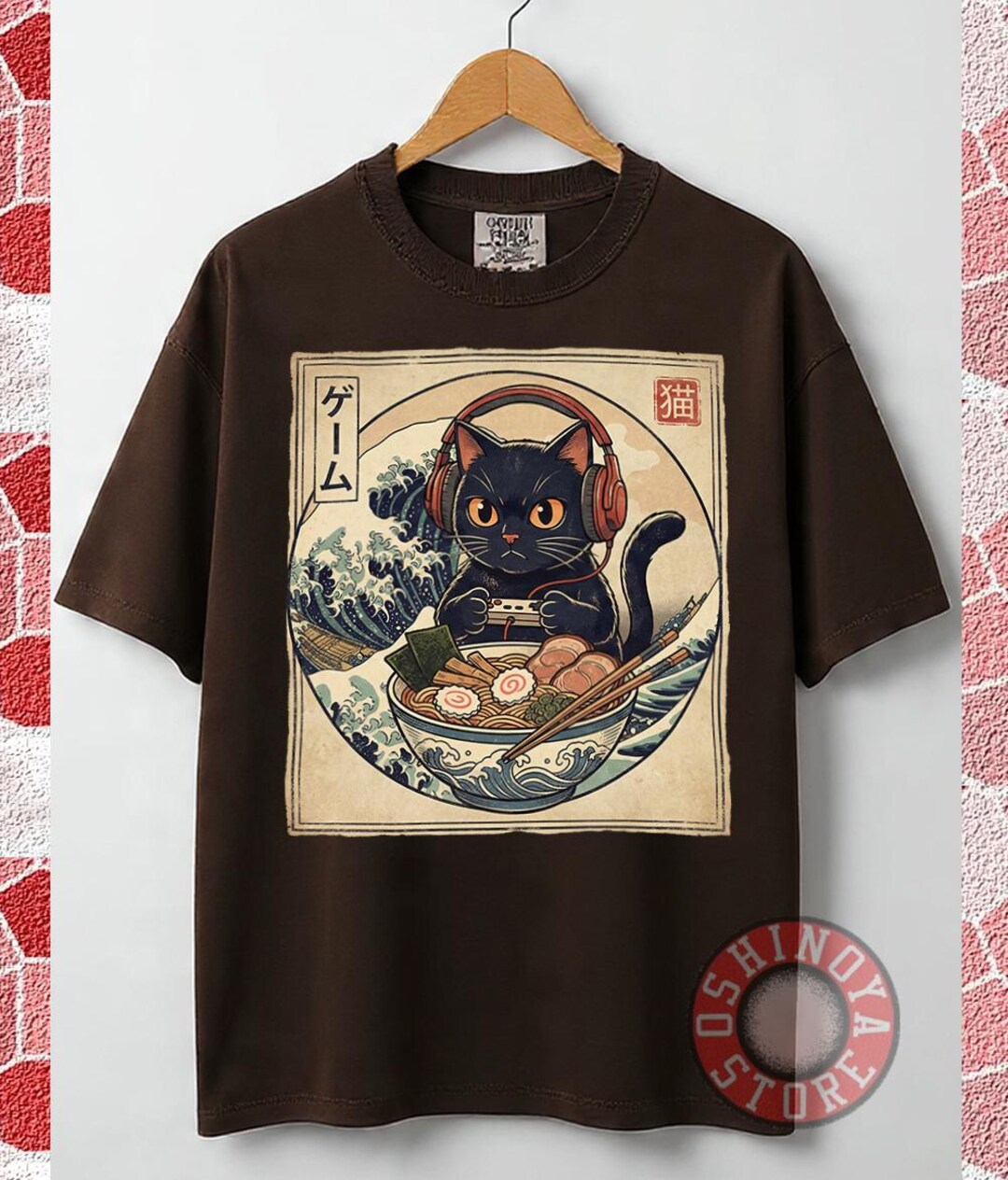 Ramen Cat Gamer Shirt | Ukiyo-e Style Japanese Black Cat Tee | Kawaii ...
