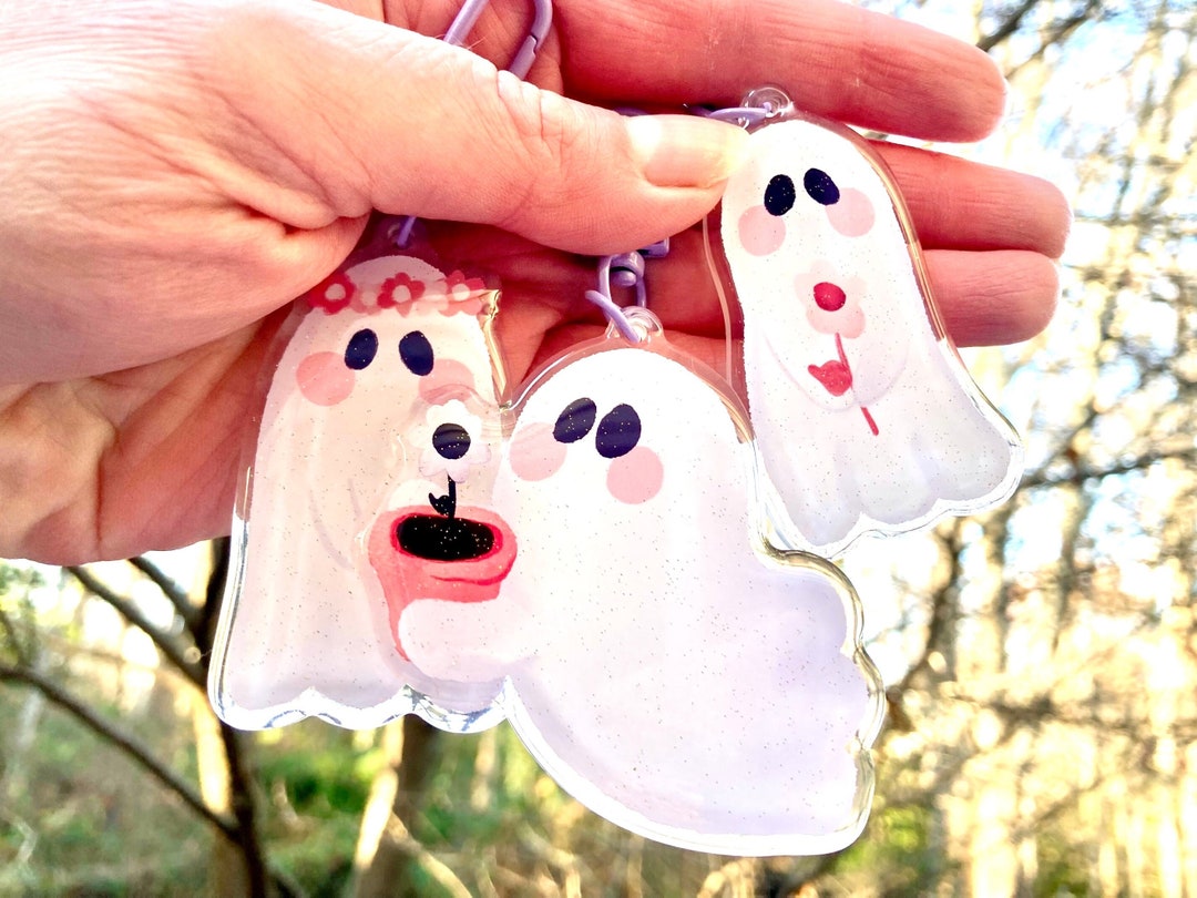 Flower Ghost Acrylic Keychain | Cute Ghost Art Glitter Charm | Acrylic ...
