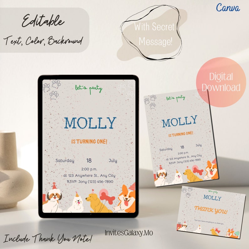 Editable Dog Birthday Invitation, First Birthday Celebration Party for ...