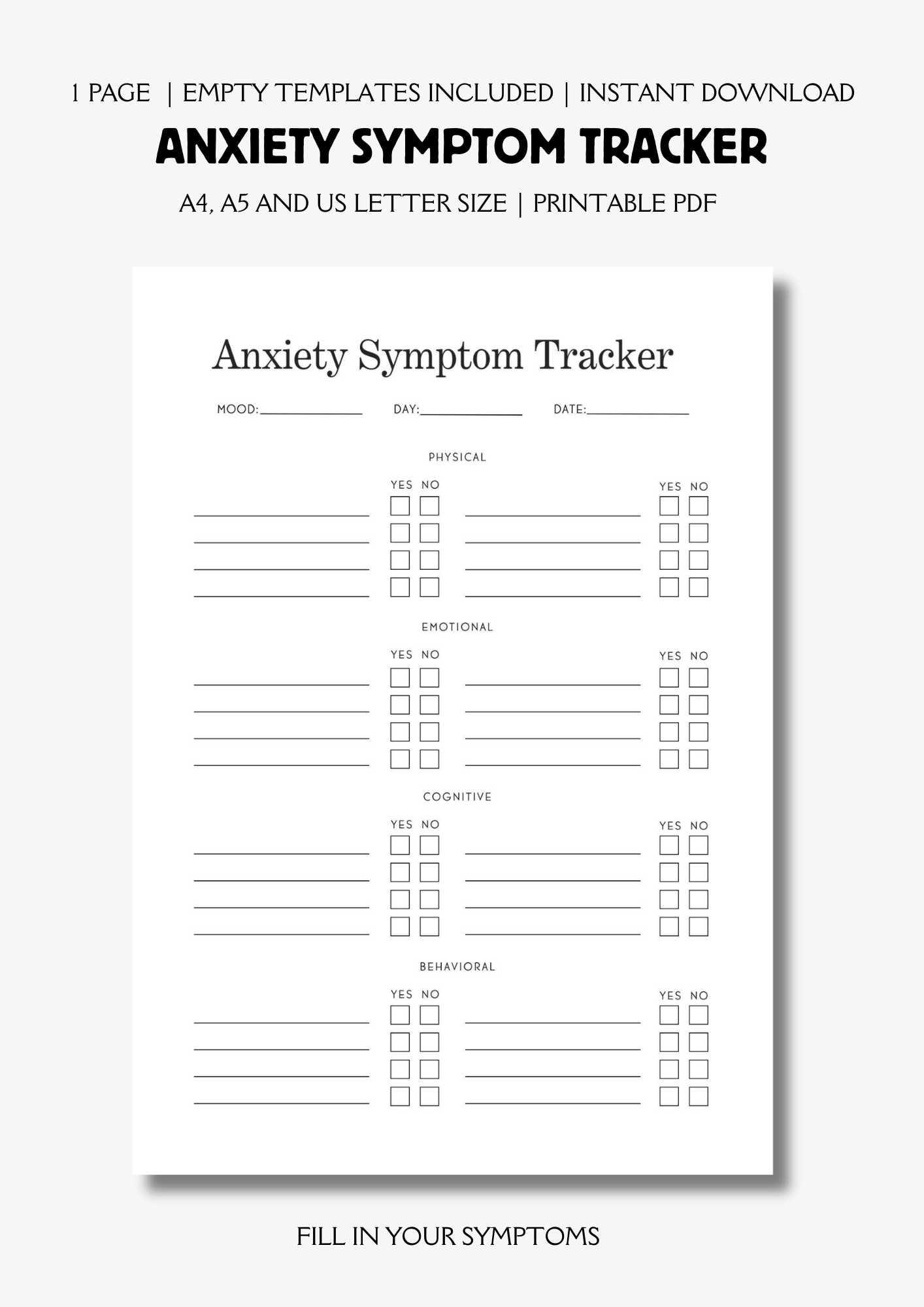 Anxiety Symptom Tracker, Anxiety Tracker, Anxiety Worksheet, Printable ...