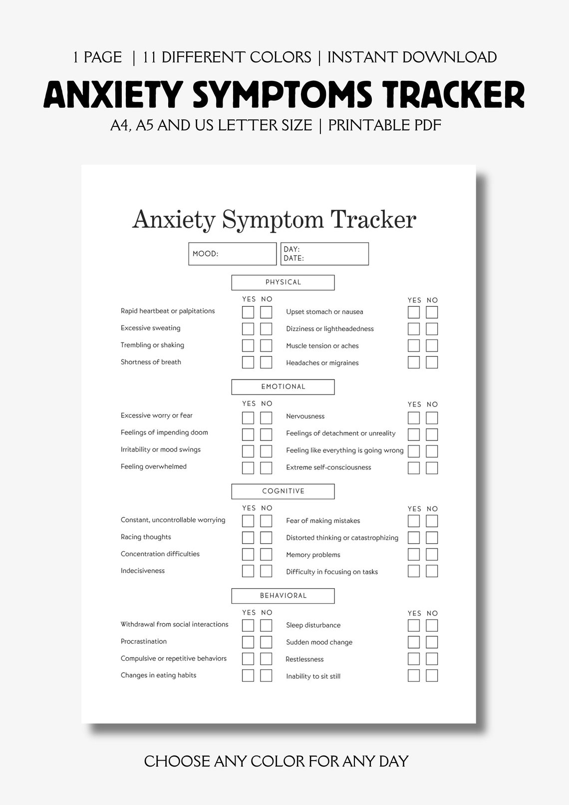 Anxiety Symptom Tracker, Anxiety Tracker, Anxiety Worksheet, Printable ...