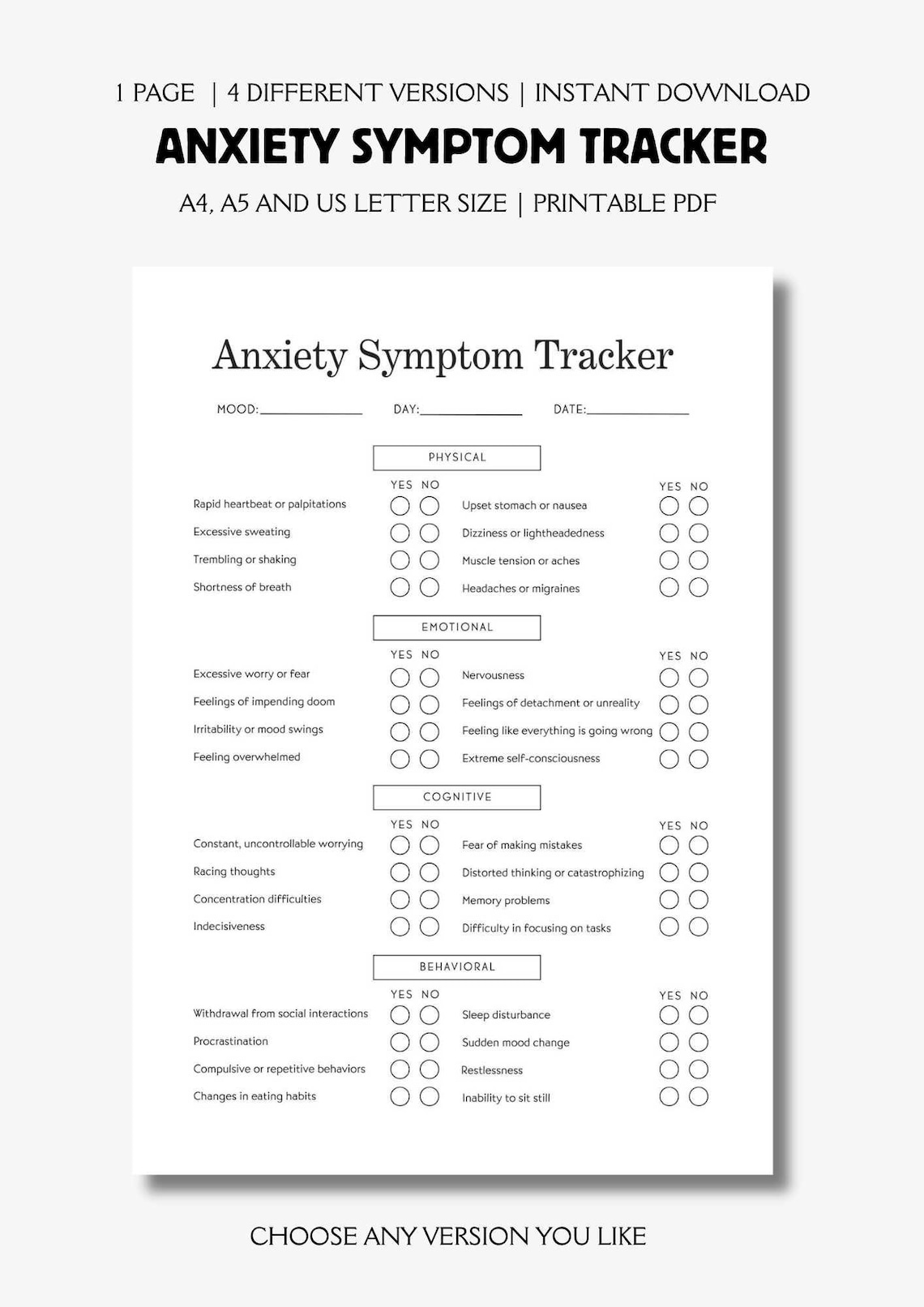 Anxiety Symptom Tracker, Anxiety Tracker, Anxiety Worksheet, Printable ...