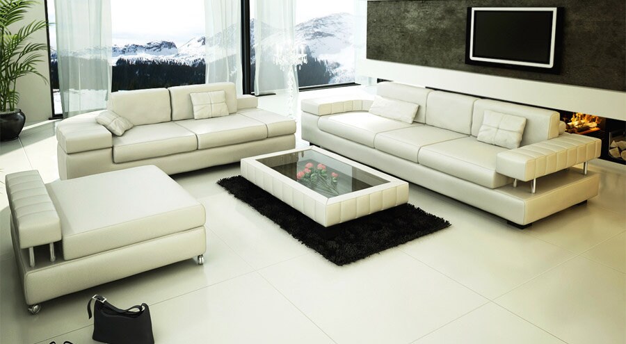 3+2 Sofa Set White Leather Sectional Couch With Big Stool - Modern Sofa ...