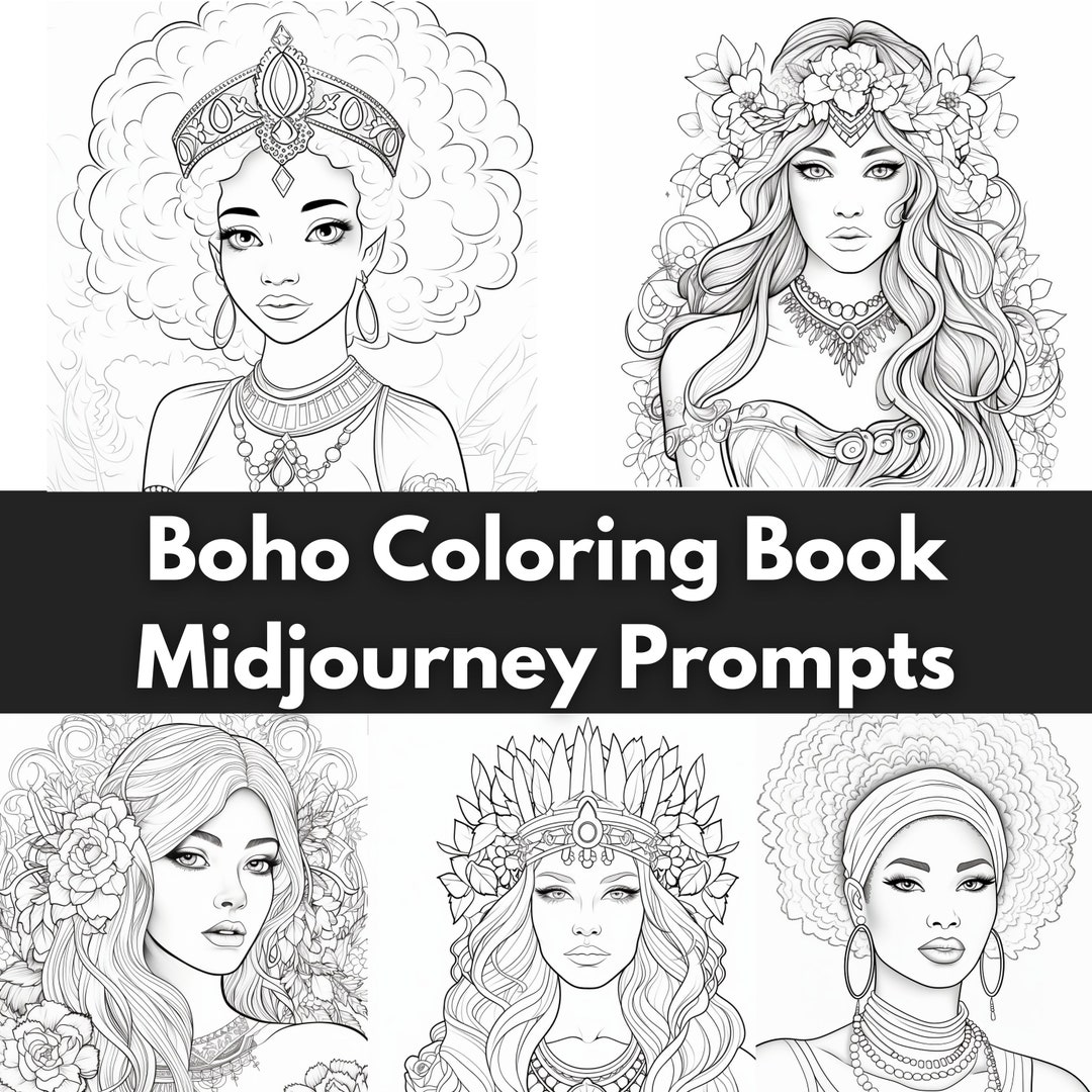 Boho Coloring Pages, Midjourney Prompts, AI Art, 10 Prompts, Digital ...