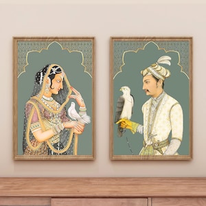 Set of 2 Indian Folk Art, Royal Raja Rani With Bird, Mughal Art, Indian ...