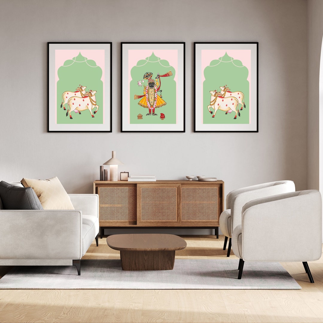 Indian Folk Art, Set of 3 Pichwai Prints, Living Room Decor, Hindu ...