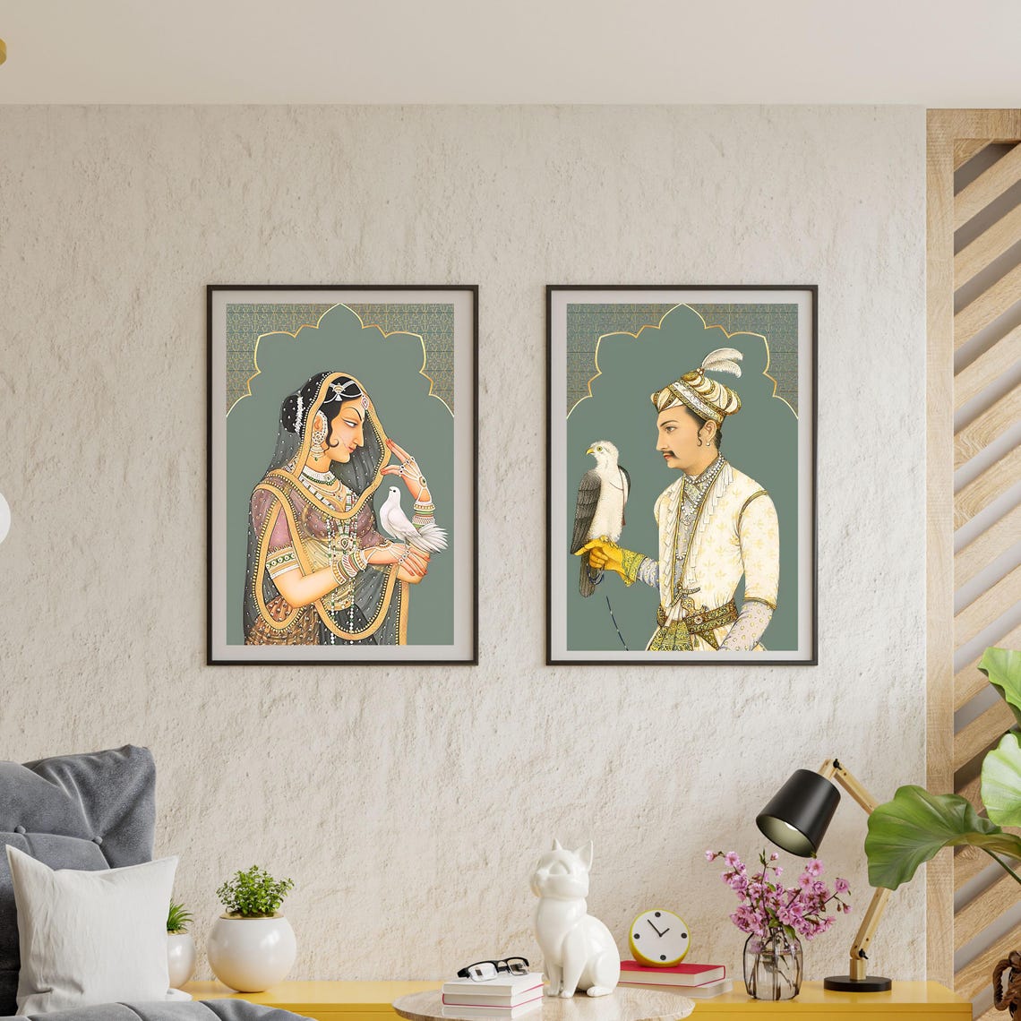 Set of 2 Indian Folk Art, Royal Raja Rani With Bird, Mughal Art, Indian ...