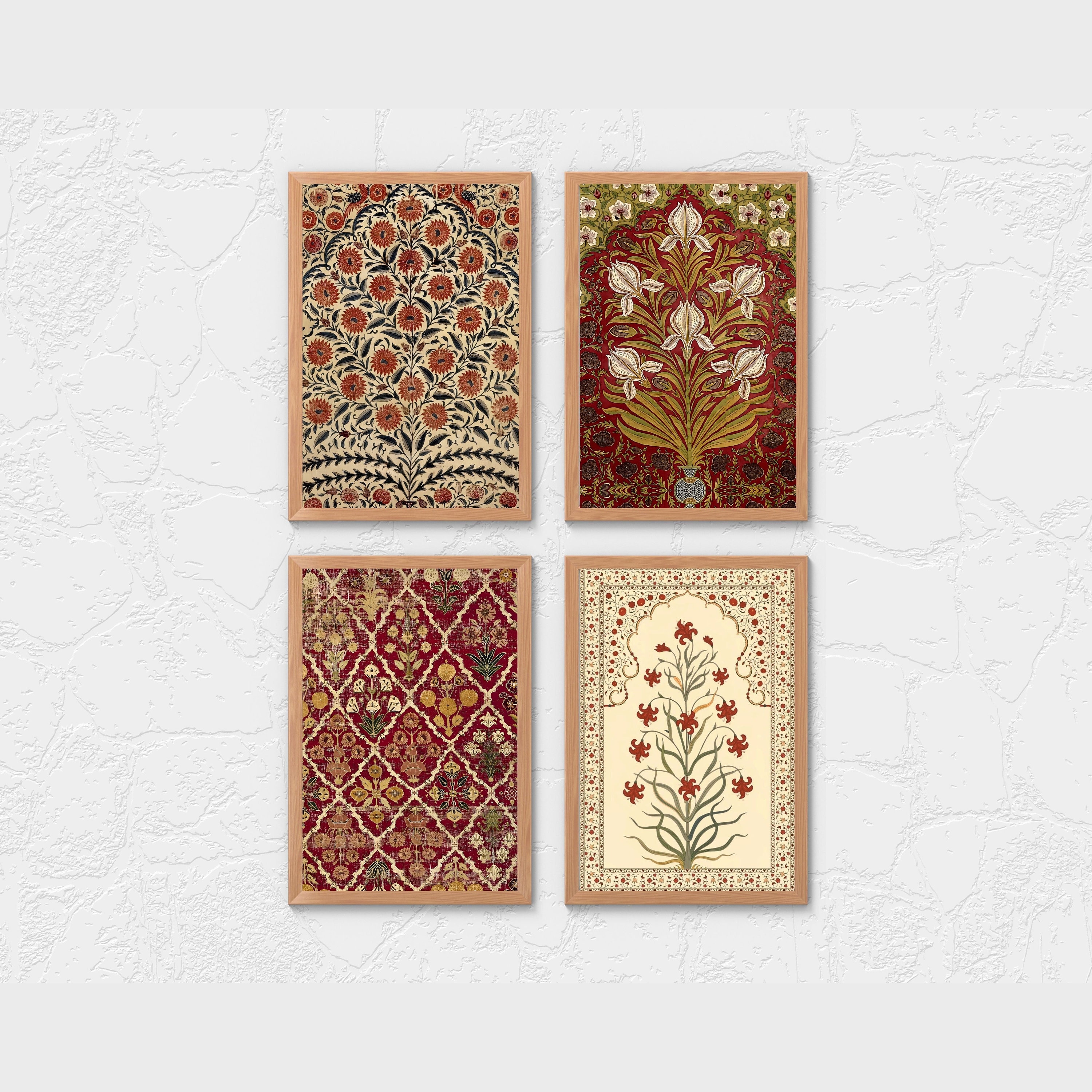 Indian Floral Art Set of 4, Indian Folk Art, Mughal Floral Art, Indian ...