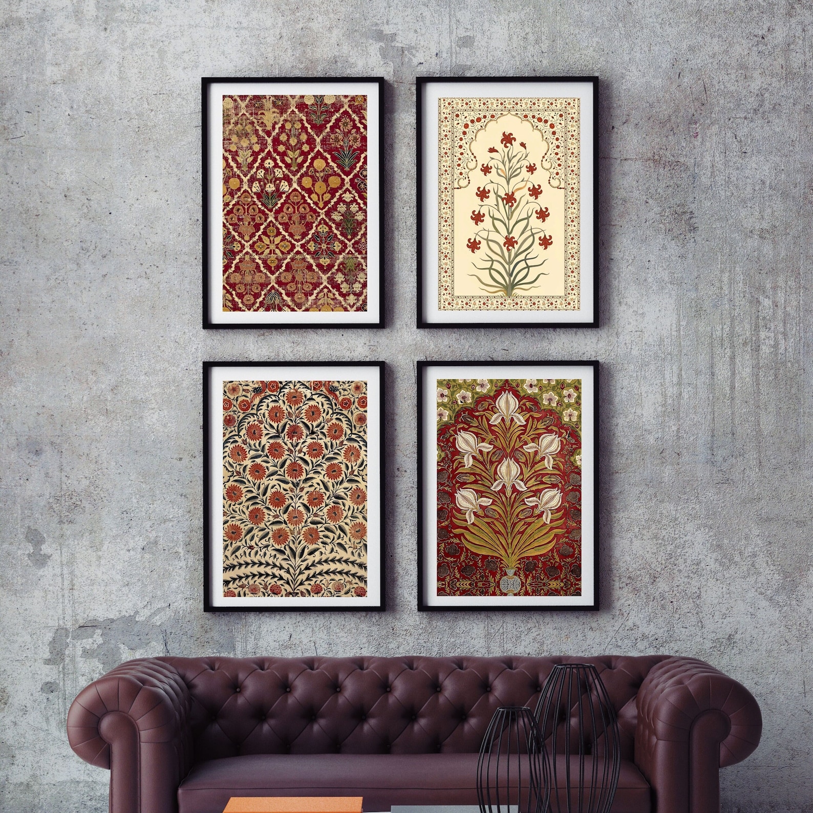 Indian Floral Art Set of 4, Indian Folk Art, Mughal Floral Art, Indian ...