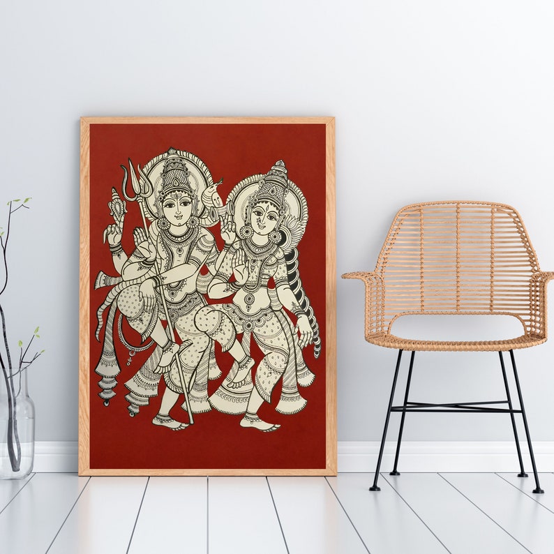 Indian Kalamkari Painting, Shiva and Parvathi Indian Art, Shiv Parvati ...