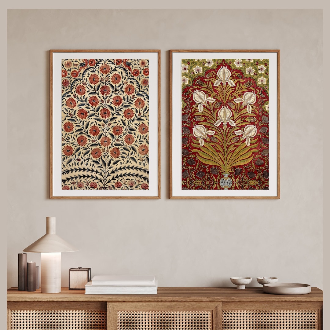 Indian Floral Art Set of 2 Indian Folk Art, Mughal Floral Art, Indian ...