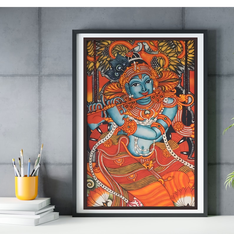 Indian Kalamkari Painting, Krishna Vintage Indian Art, Radha Krishna ...