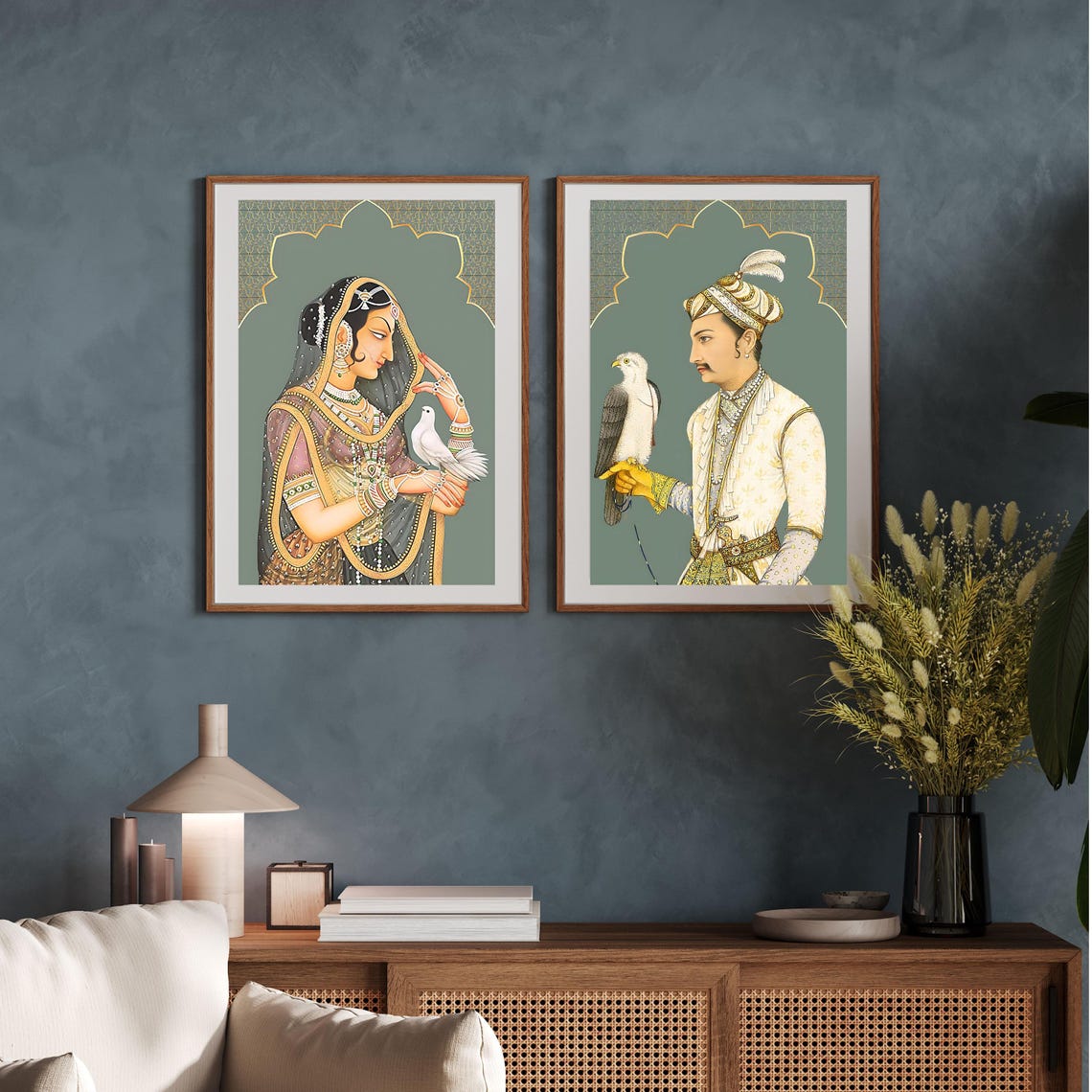 Set of 2 Indian Folk Art, Royal Raja Rani With Bird, Mughal Art, Indian ...