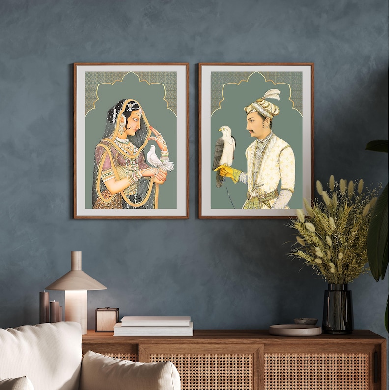 Set of 2 Indian Folk Art, Royal Raja Rani With Bird, Mughal Art, Indian ...