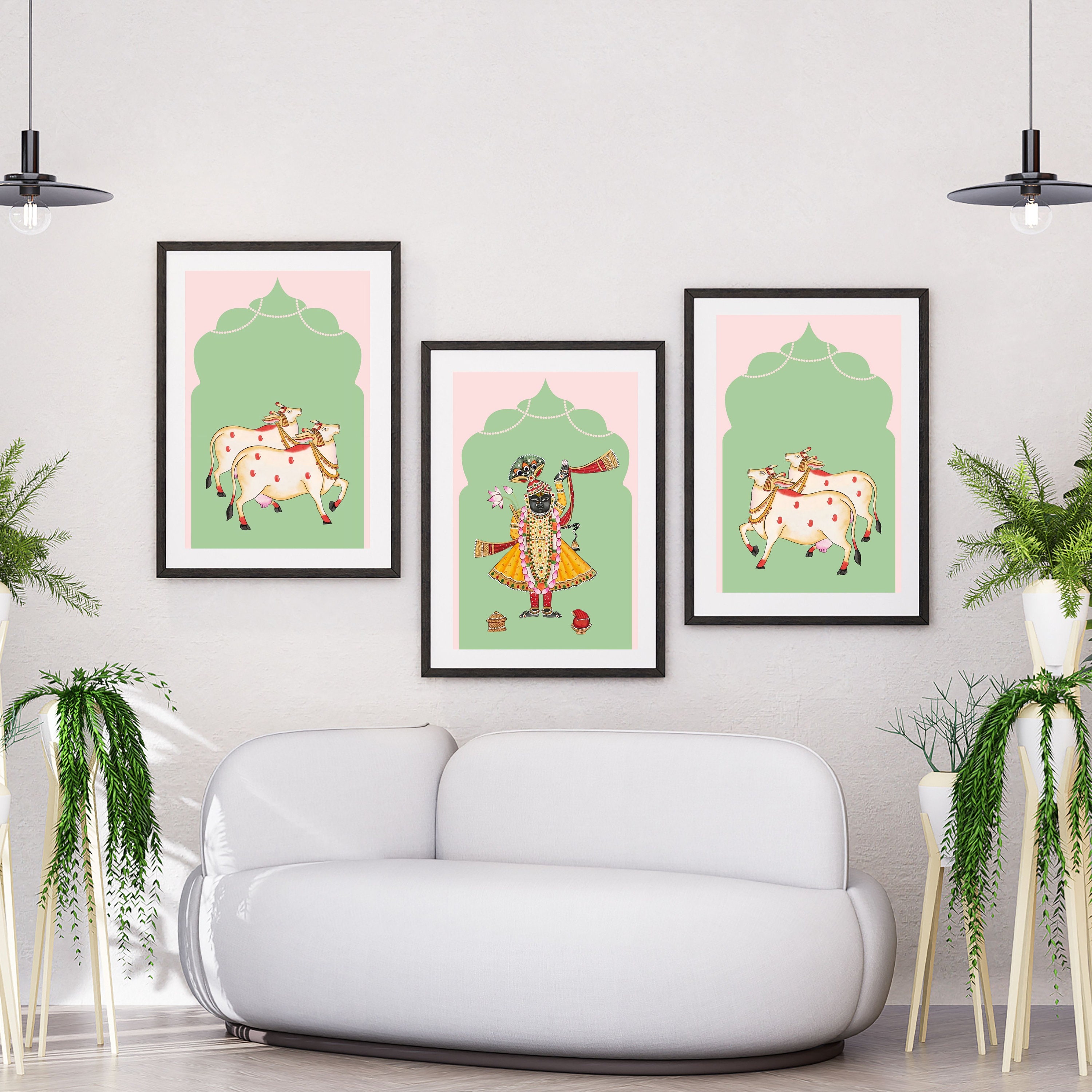 Indian Folk Art, Set of 3 Pichwai Prints, Living Room Decor, Hindu ...