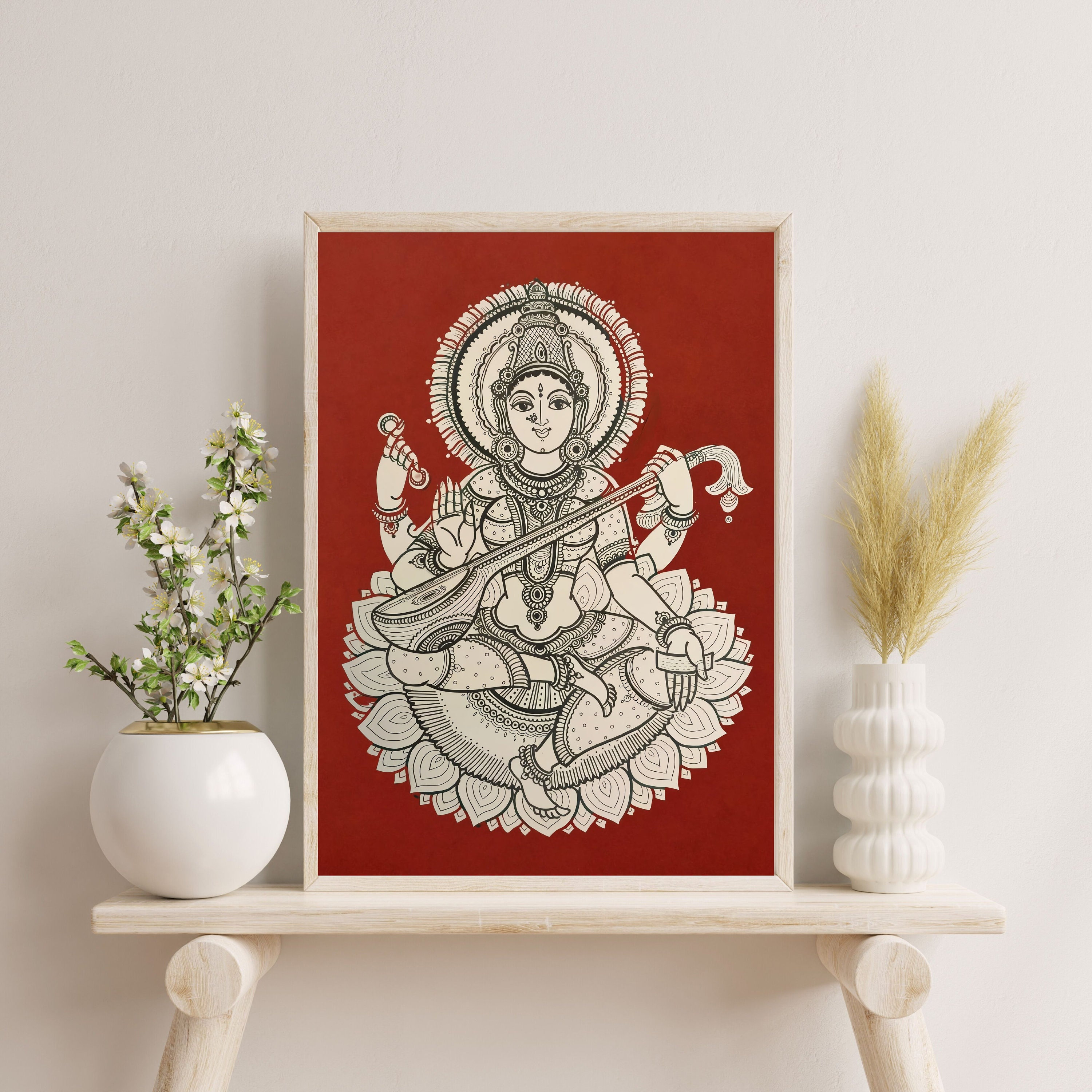 Indian Kalamkari Painting, Goddess Saraswati, Goddess Sarasvati, Indian ...