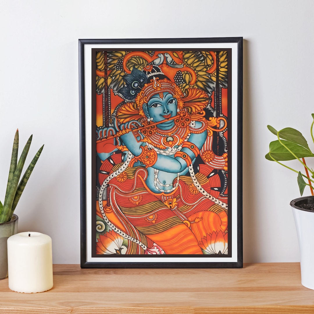 Indian Kalamkari Painting, Krishna Vintage Indian Art, Radha Krishna ...