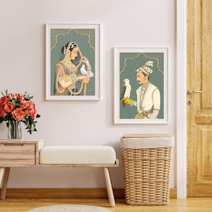 Set of 2 Indian Folk Art, Royal Raja Rani With Bird, Mughal Art, Indian ...