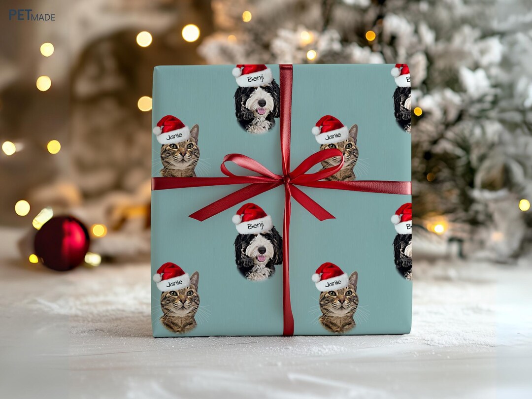 Custom Pet Christmas Wrapping Paper: Personalized Dog & Cat Portrait ...