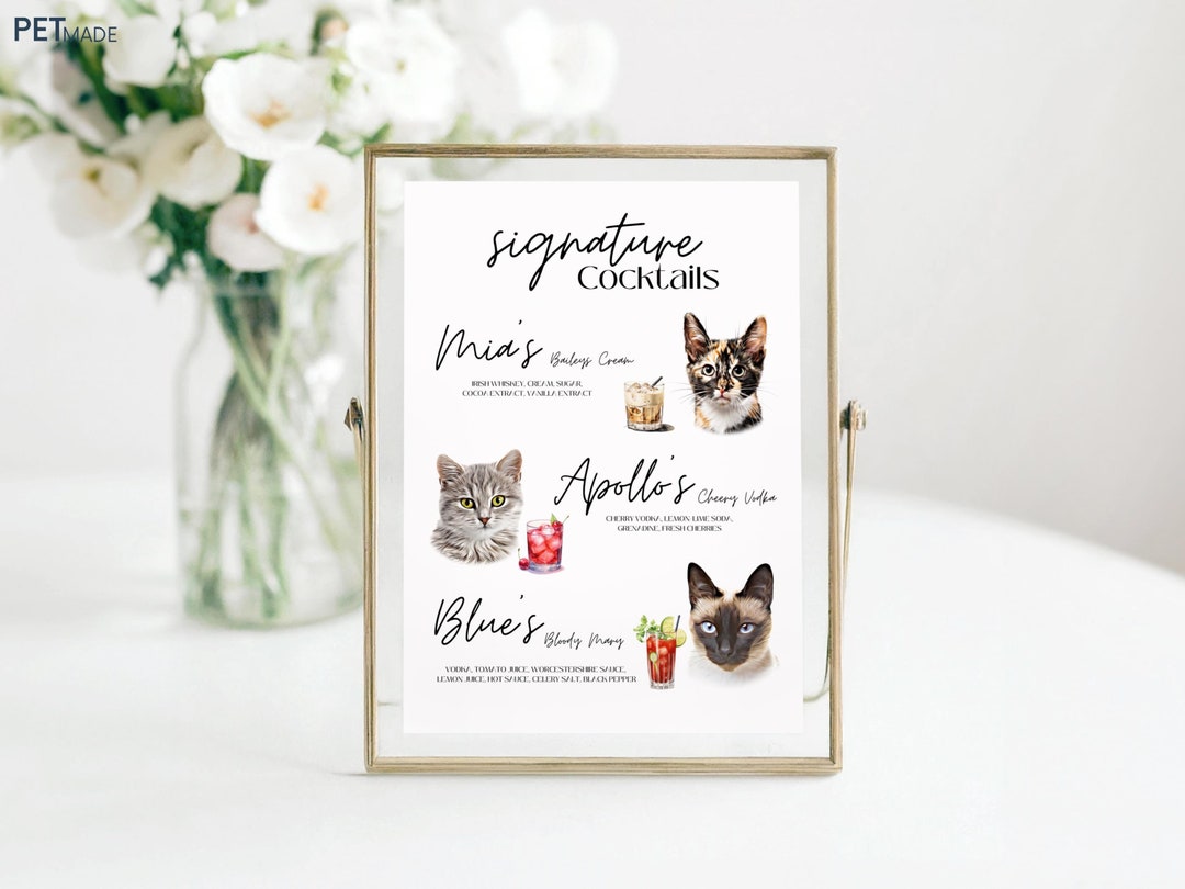 Custom Cat Signature Cocktails Menu Card, Unique Pet Wedding Cocktail ...