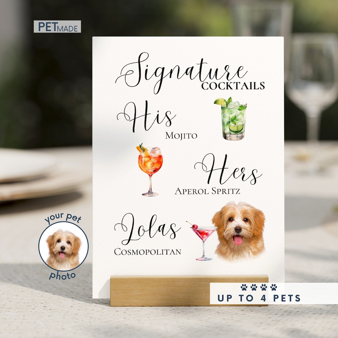 Dog Signature His and Hers Drinks, Signature Sign With Pet Portrait and ...
