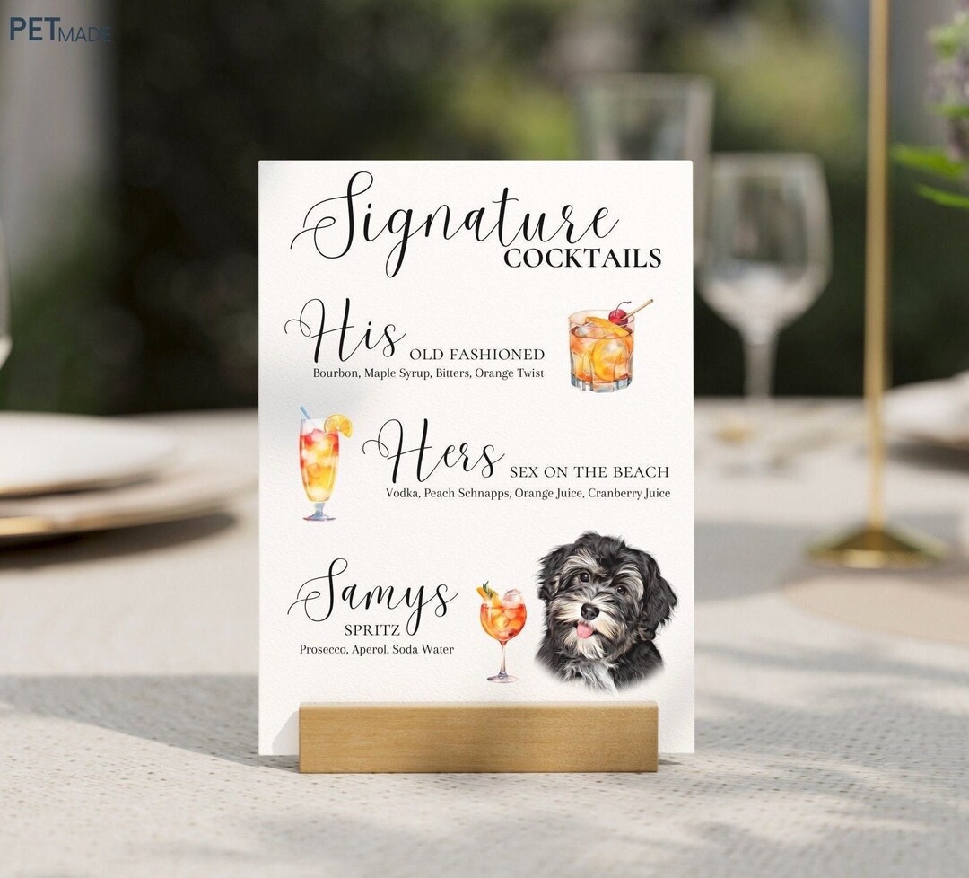 Dog Signature His and Hers Drinks, Signature Sign With Pet Portrait and ...