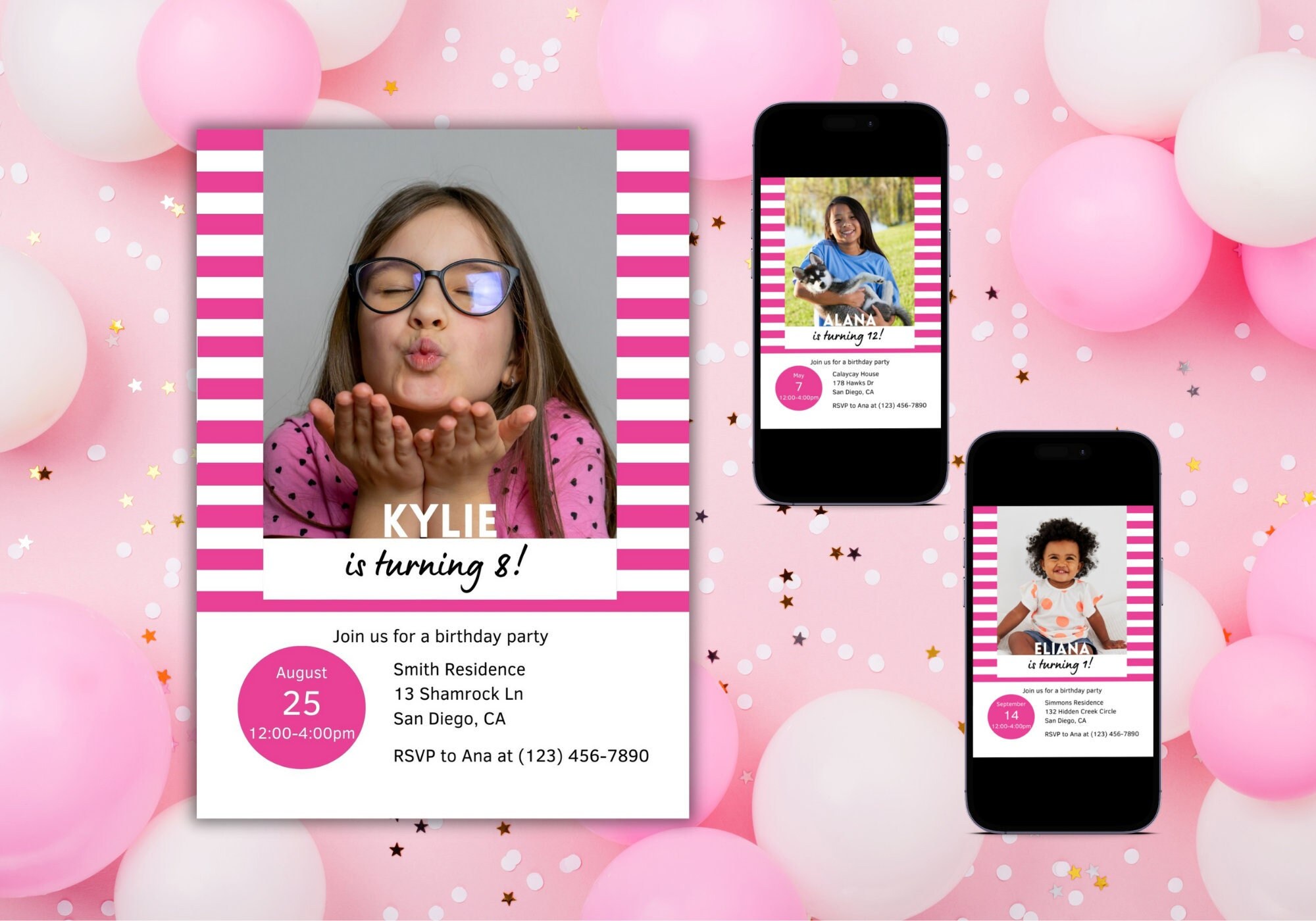 Girls Birthday Invitation, Custom Photo Bday Invite, Pink Stripes Party ...