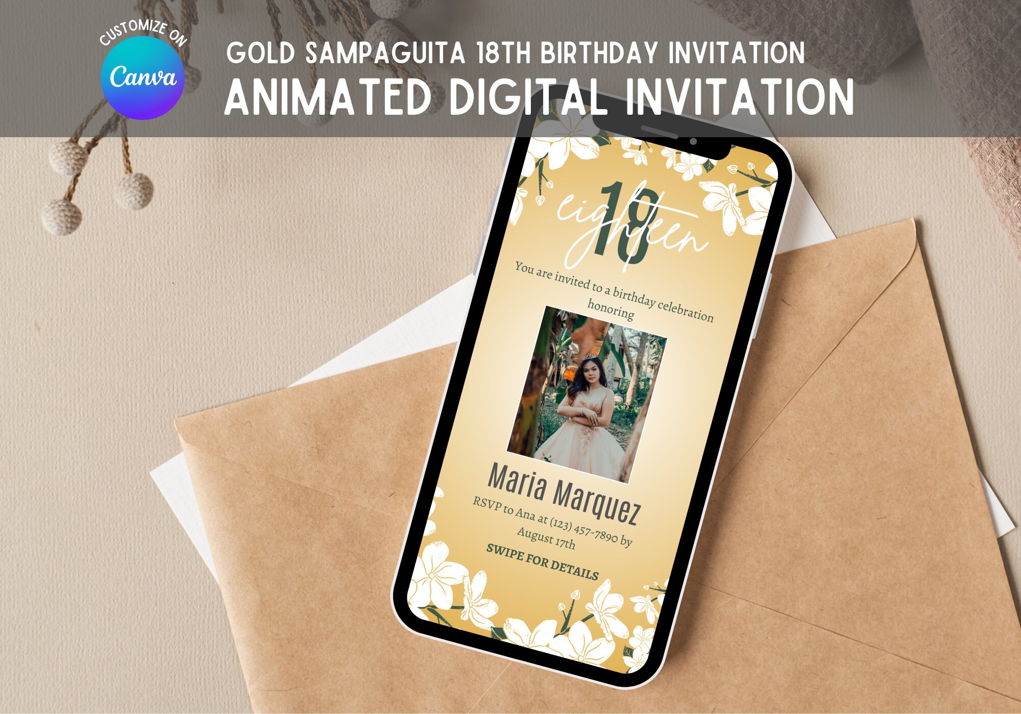 Animated Filipino Debut 18th Birthday Party Invitation, Sampaguita ...