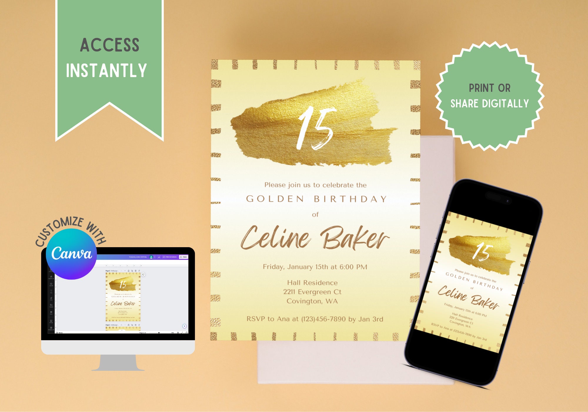 Golden Birthday Party Invitation, Birthday Celebration Invite ...