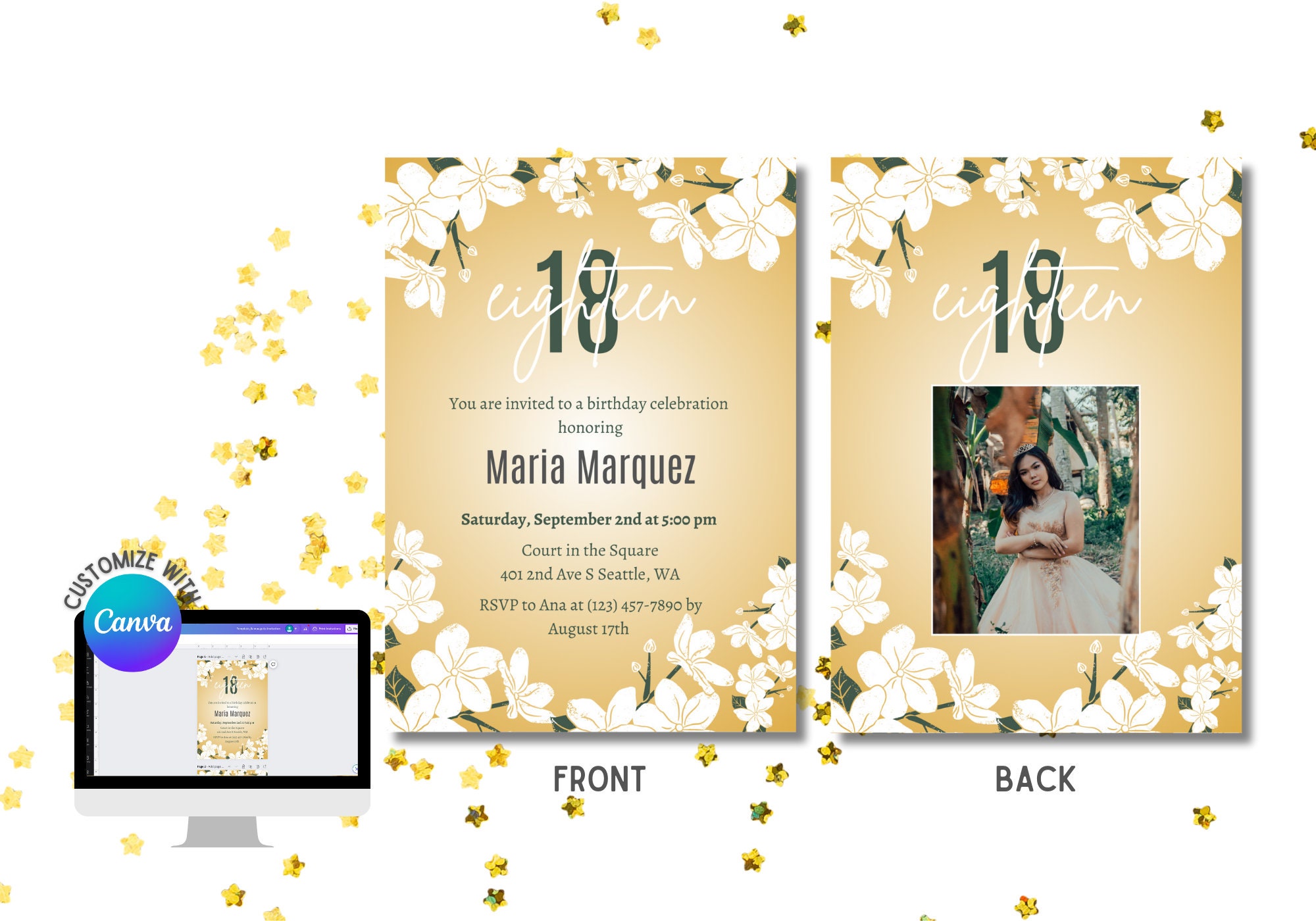 Filipino Debut 18th Birthday Party Invitation, Sampaguita Flowers, Gold ...