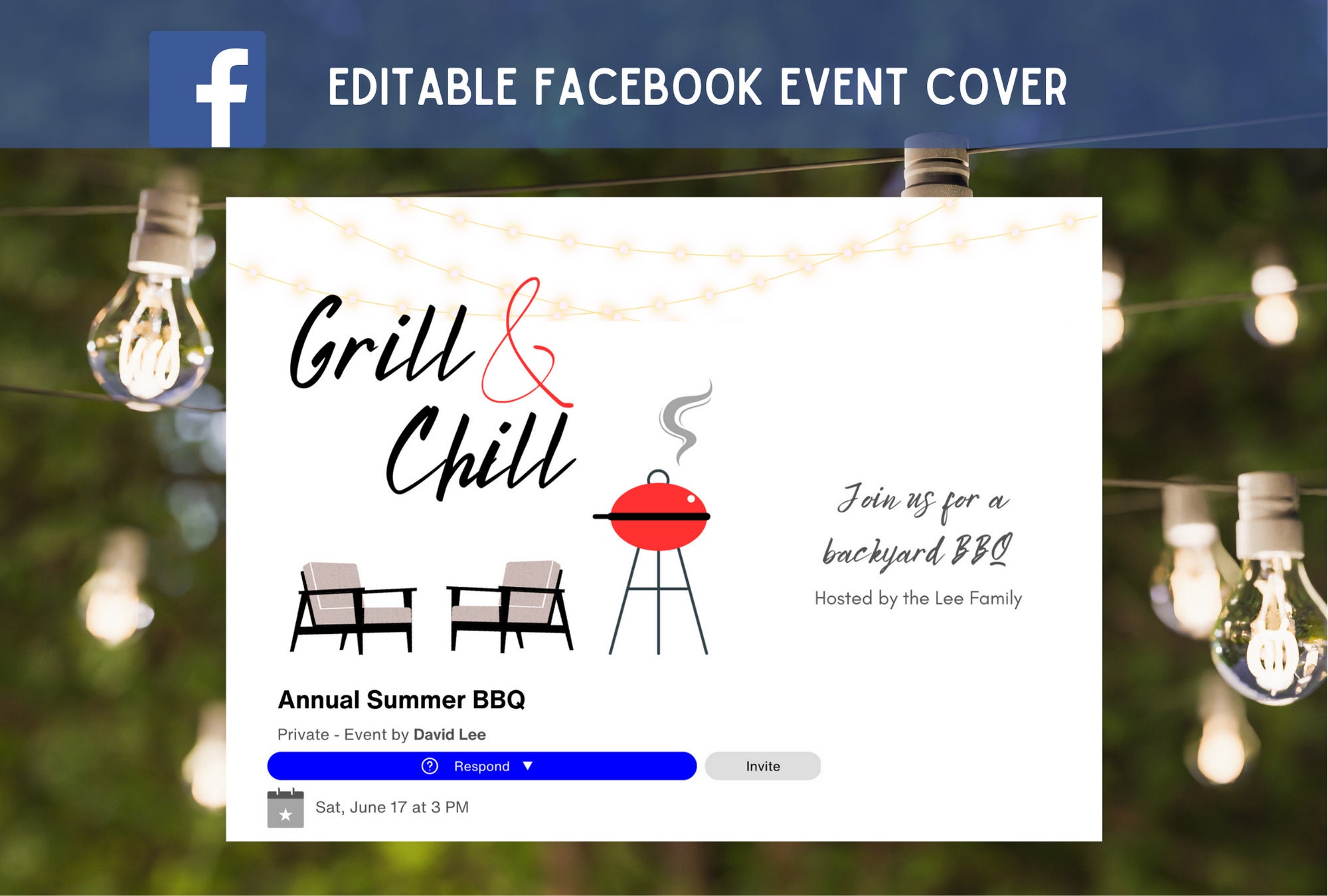 Grill & Chill BBQ Facebook Event Cover Template, Summer Cookout ...