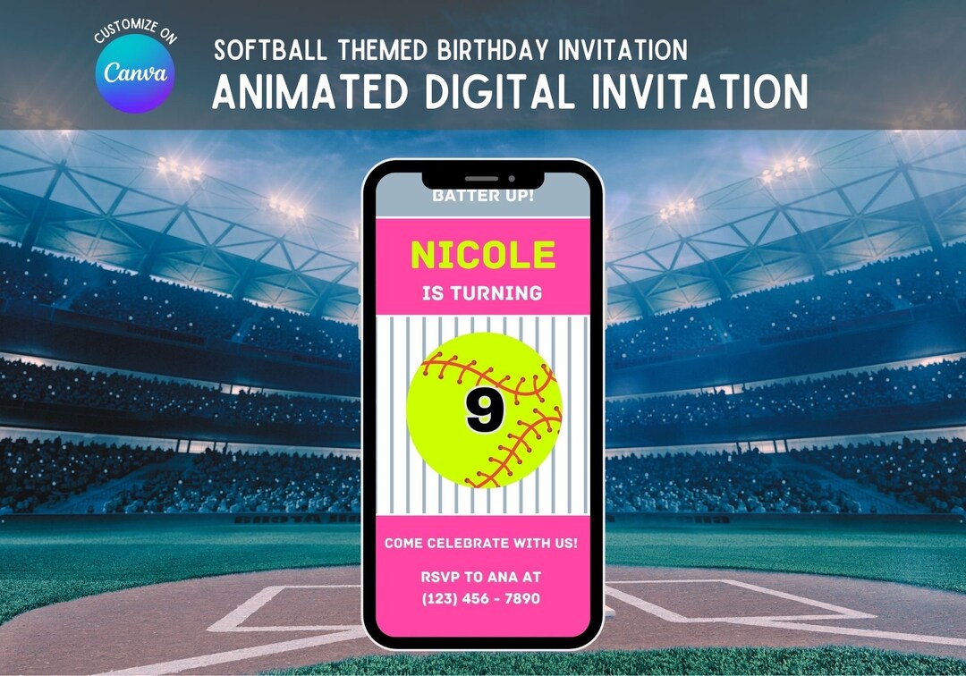Animated Softball Birthday Invitation, Softball Party Invitation ...