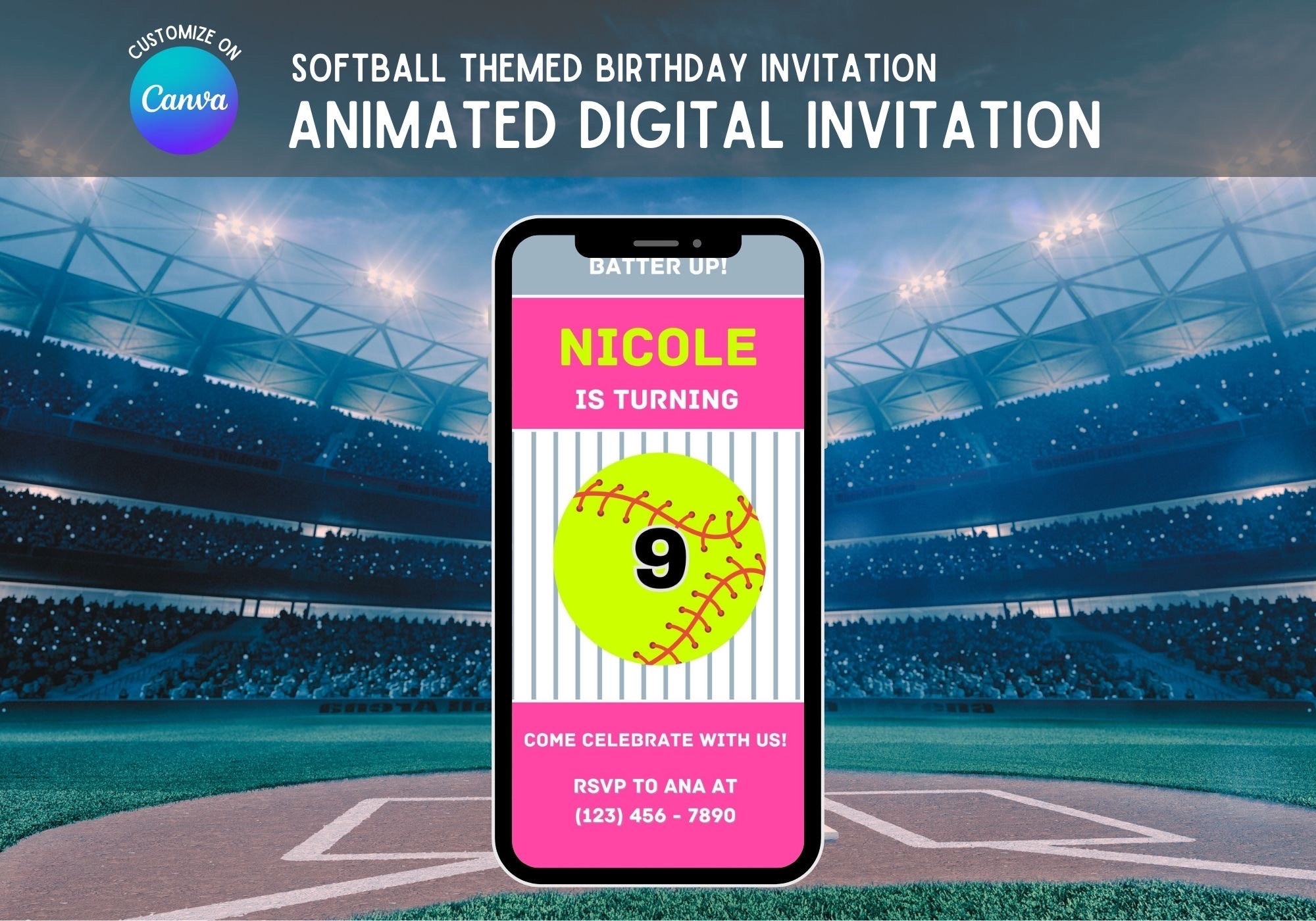 Animated Softball Birthday Invitation, Softball Party Invitation ...