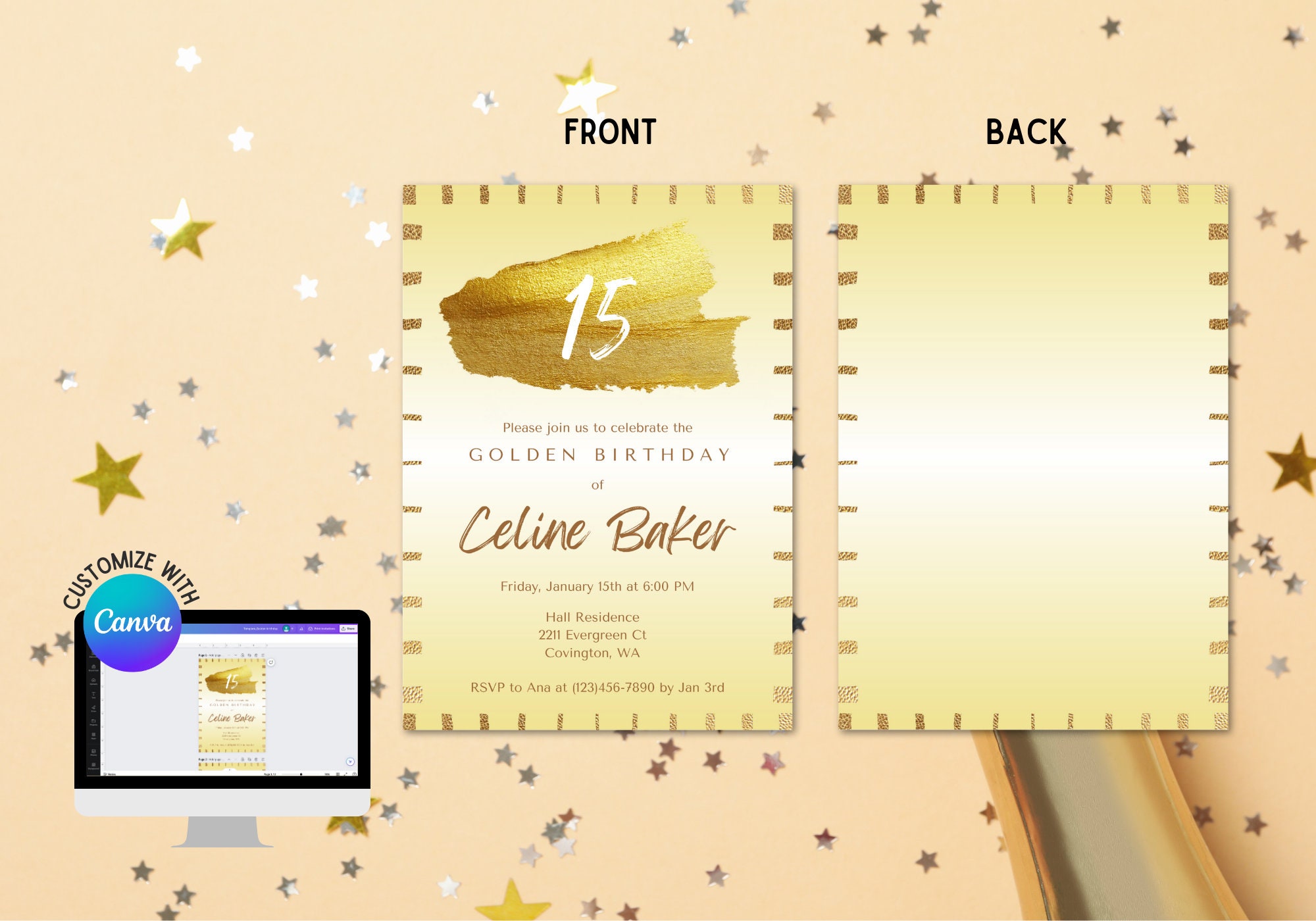 Golden Birthday Party Invitation, Birthday Celebration Invite ...