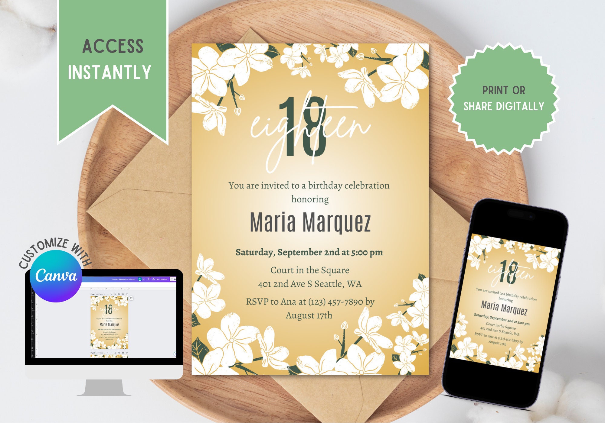 Filipino Debut 18th Birthday Party Invitation, Sampaguita Flowers, Gold ...