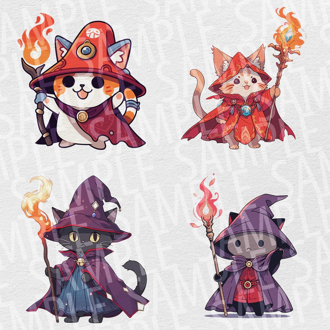 Cute Fire Mage Kitty Clipart 24 PNG Transparent Scrapbooking Bundle ...