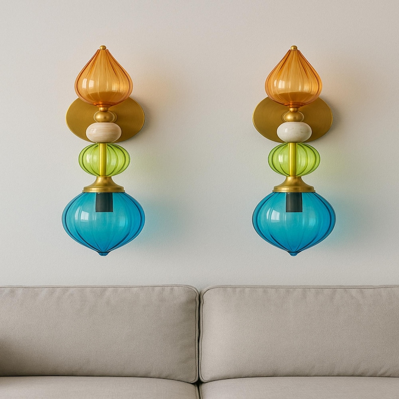 Handblown Glass Wall Sconces – Art Lighting, Brass Mount (set of 2) - Etsy