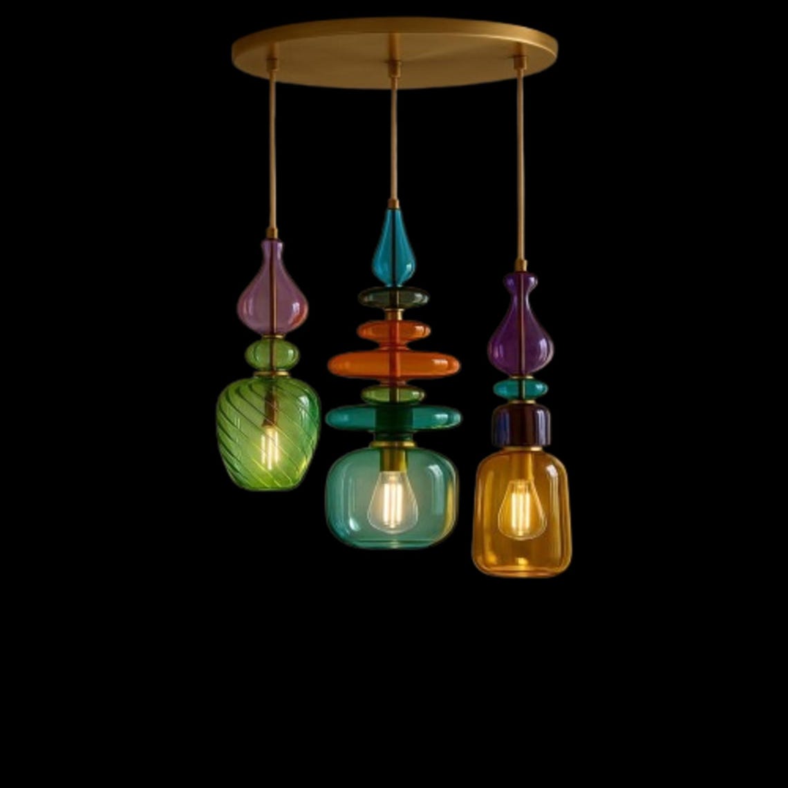 Handmade Brass Chandelier | Multi-colored Blown Glass, Artistic Pendant ...
