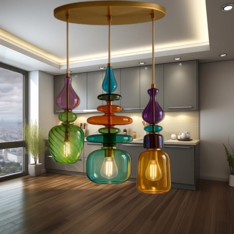 Handmade Brass Chandelier | Multi-colored Blown Glass, Artistic Pendant ...