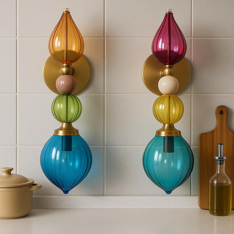 Handblown Glass Wall Sconces – Art Lighting, Brass Mount (set of 2) - Etsy