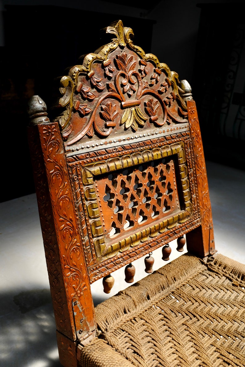 Vintage Rajasthan Pidha Chair: Dark Teak Wood, Exquisite Carvings ...